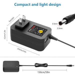 SHNITPWR 30W Universal Power Supply 3V 4.5V 5V 6V 7.5V 9V 12V Adjustable Variable AC/DC Adapter with 5V 2.1A USB Port, 100V-240V AC to DC 3V~12V Converter 0.5A 1A 1.2A 1.5A 2A 2.5A Max with 14 Tips