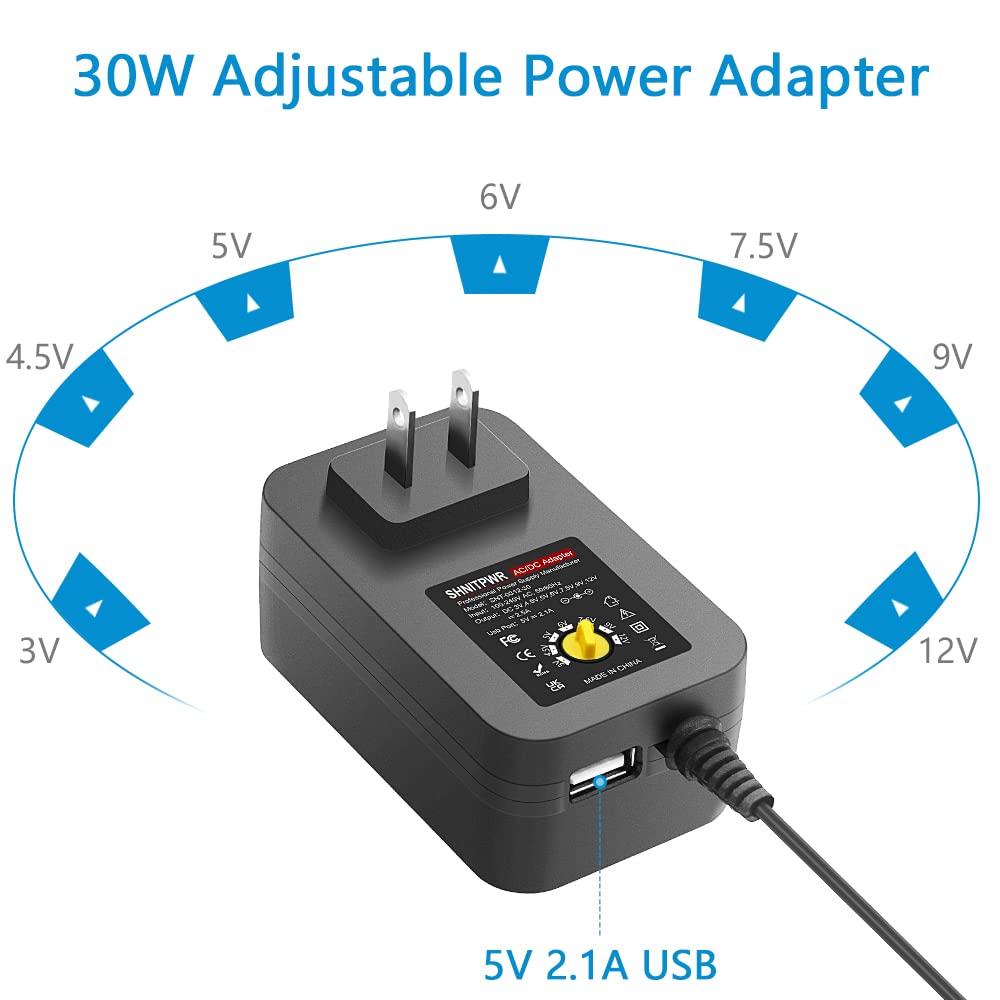 SHNITPWR 30W Universal Power Supply 3V 4.5V 5V 6V 7.5V 9V 12V Adjustable Variable AC/DC Adapter with 5V 2.1A USB Port, 100V-240V AC to DC 3V~12V Converter 0.5A 1A 1.2A 1.5A 2A 2.5A Max with 14 Tips