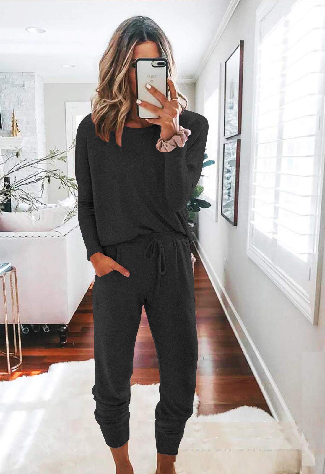 Fixmatti Women Two Piece Outfits Long Sleeve Sweatsuit High Waisted Sweatpants Set M