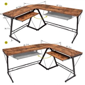 DRM 62'' Corner Computer Desk with Keyboard Tray L-Shaped Desk PC Laptop Desk Gaming Desk Workstation for Home Office, Space-Saving, Easy Assembly (Rustic Brown)