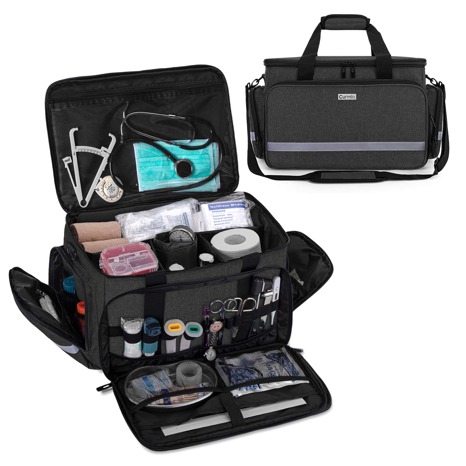 CURMIO Nurse Bag, Medical Bag Clinical Bag with Inner Dividers and No-Slip Bottom for Home Visits, Health Care, Hospice, Gift for Nursing Students, Physical Therapists, Doctors,Black (Patent Pending)