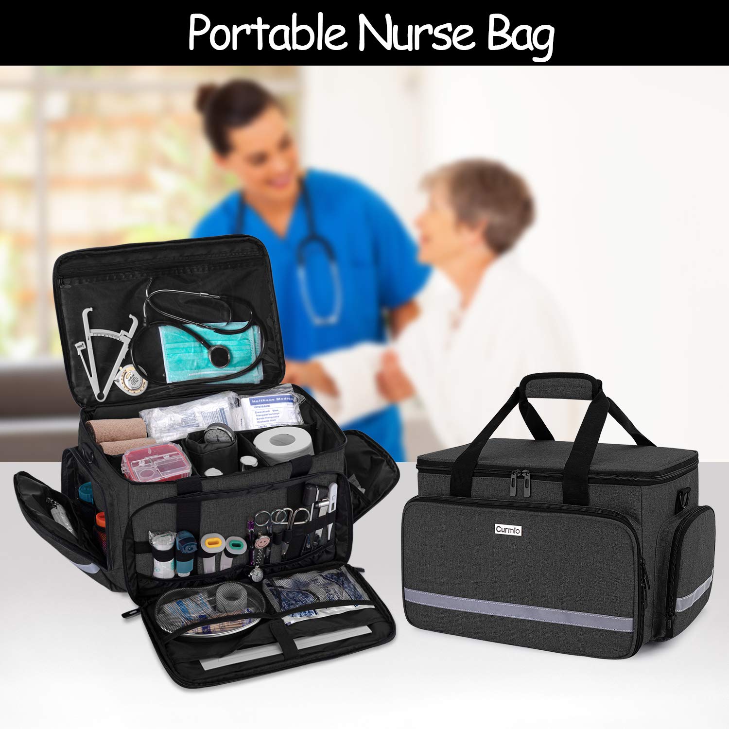 CURMIO Nurse Bag, Medical Bag Clinical Bag with Inner Dividers and No-Slip Bottom for Home Visits, Health Care, Hospice, Gift for Nursing Students, Physical Therapists, Doctors,Black (Patent Pending)