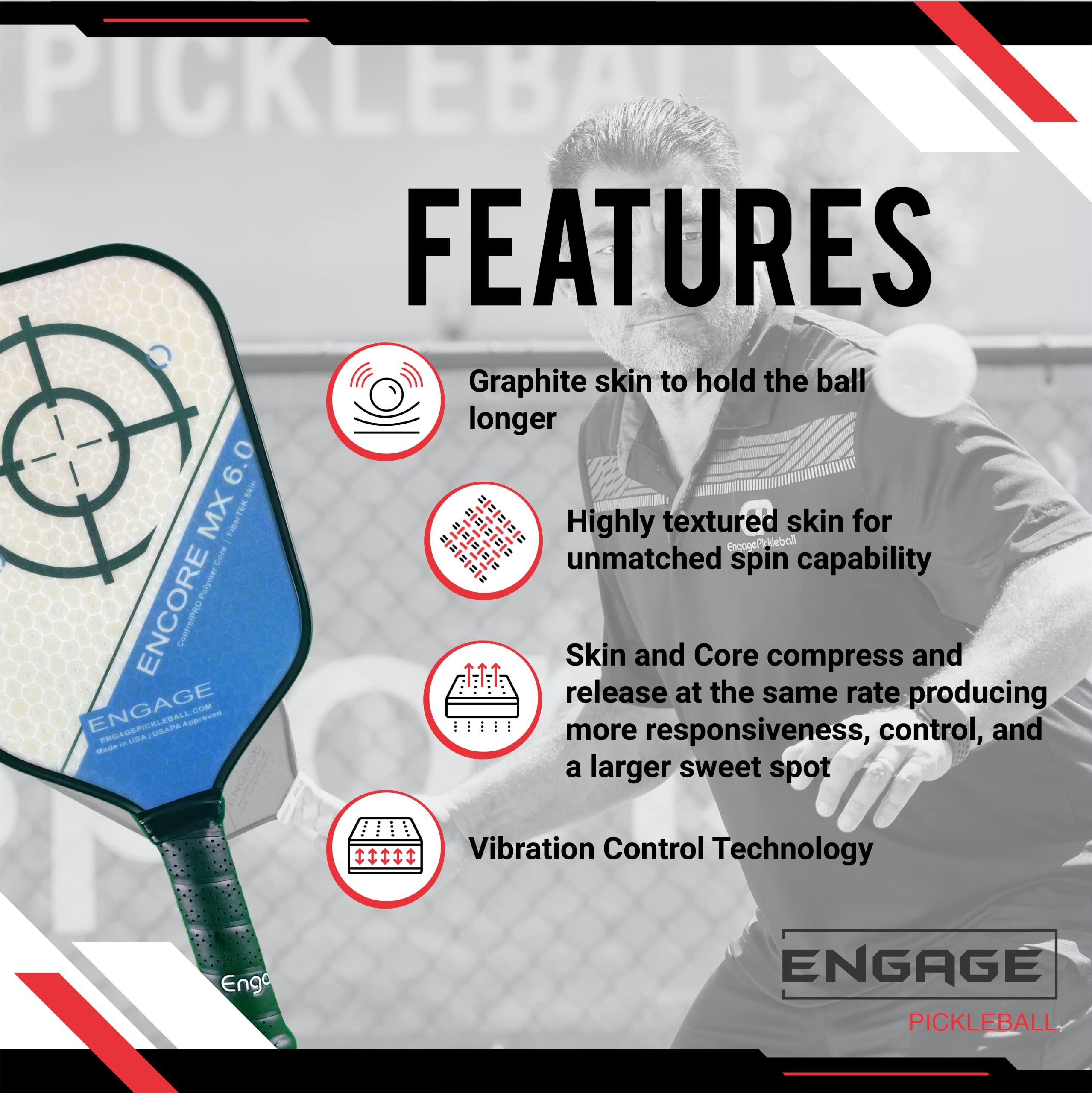 Engage Pickleball Encore MX 6.0 Pickleball Paddle - Pickleball Paddles with Thick Polymer Core - USAPA Approved Pickleball Paddles Pickleball Rackets for Adults - Lite (Red)