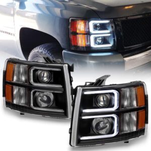 acanii - for 2007-2013 chevy silverado 1500 2500 3500 black housing led tube projector headlights headlamps left+right