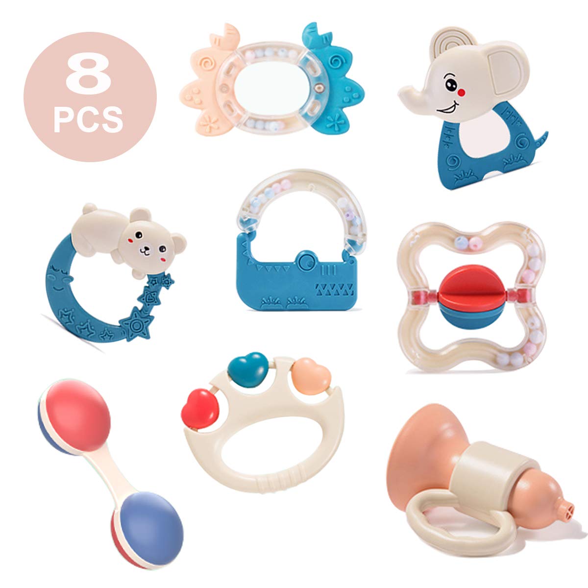 8PCS Baby Rattles Teether Set,Shaker Grab Toys with Sound, Vibrant Color and Shapes, Early Educational Toy with Storage Box,Gift for 3,6,9,12 Months Newborn Toddlers