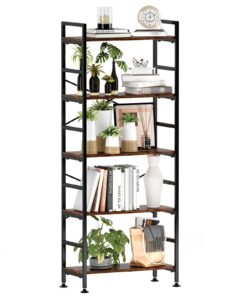 cosystar 5-tier adjustable tall bookcase, rustic wood and metal standing bookshelf, industrial vintage book shelf unit, open back modern office bookcases