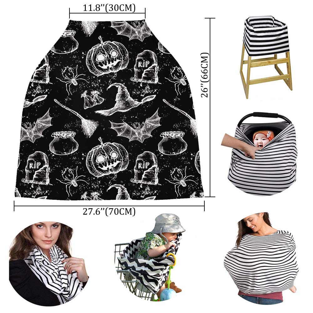 Nursing Cover for Breastfeeding Scarf Super Soft Cotton Multi Use for Baby Car Covers Canopy Shopping Cart Cover Blanket Stroller Cover-Halloween Themed Pumpkin Witch Bat Spider Black