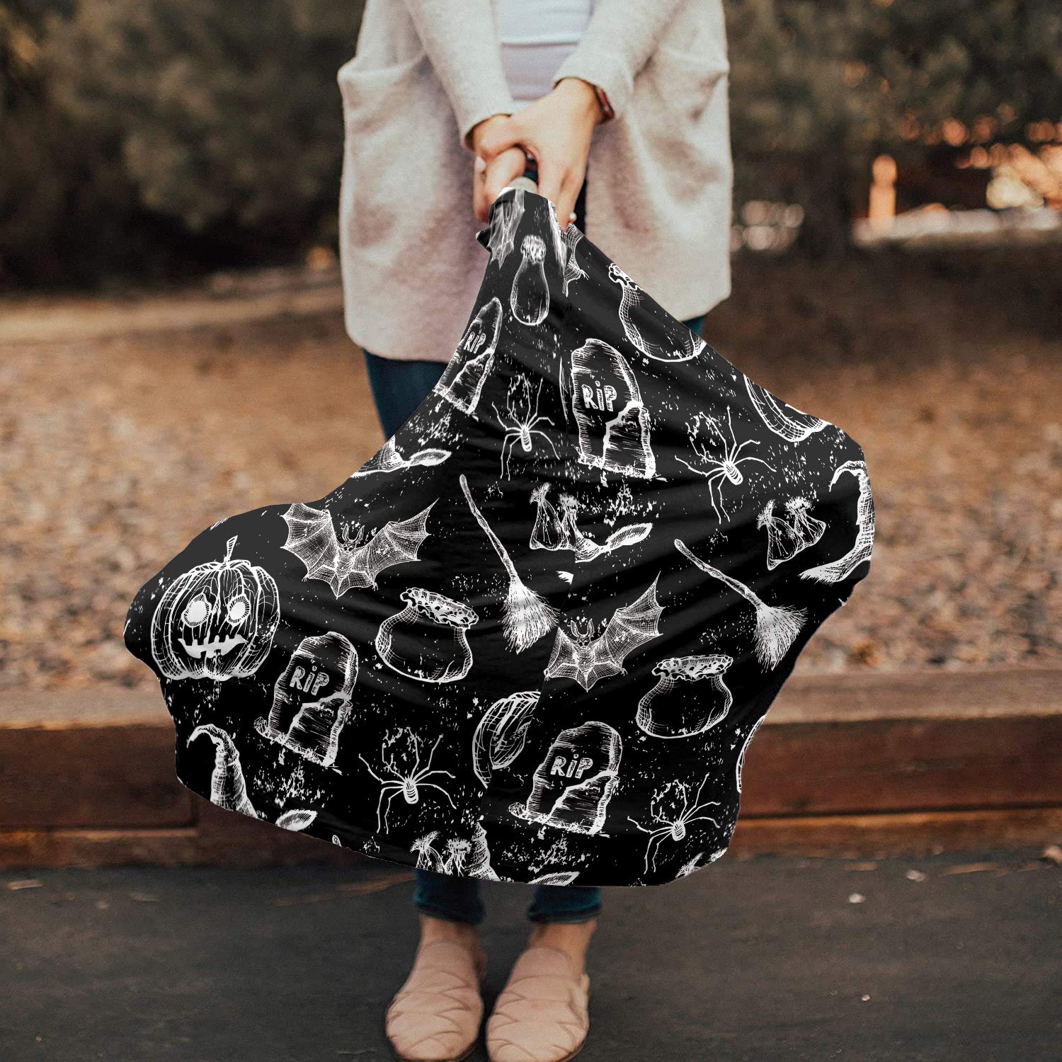 Nursing Cover for Breastfeeding Scarf Super Soft Cotton Multi Use for Baby Car Covers Canopy Shopping Cart Cover Blanket Stroller Cover-Halloween Themed Pumpkin Witch Bat Spider Black