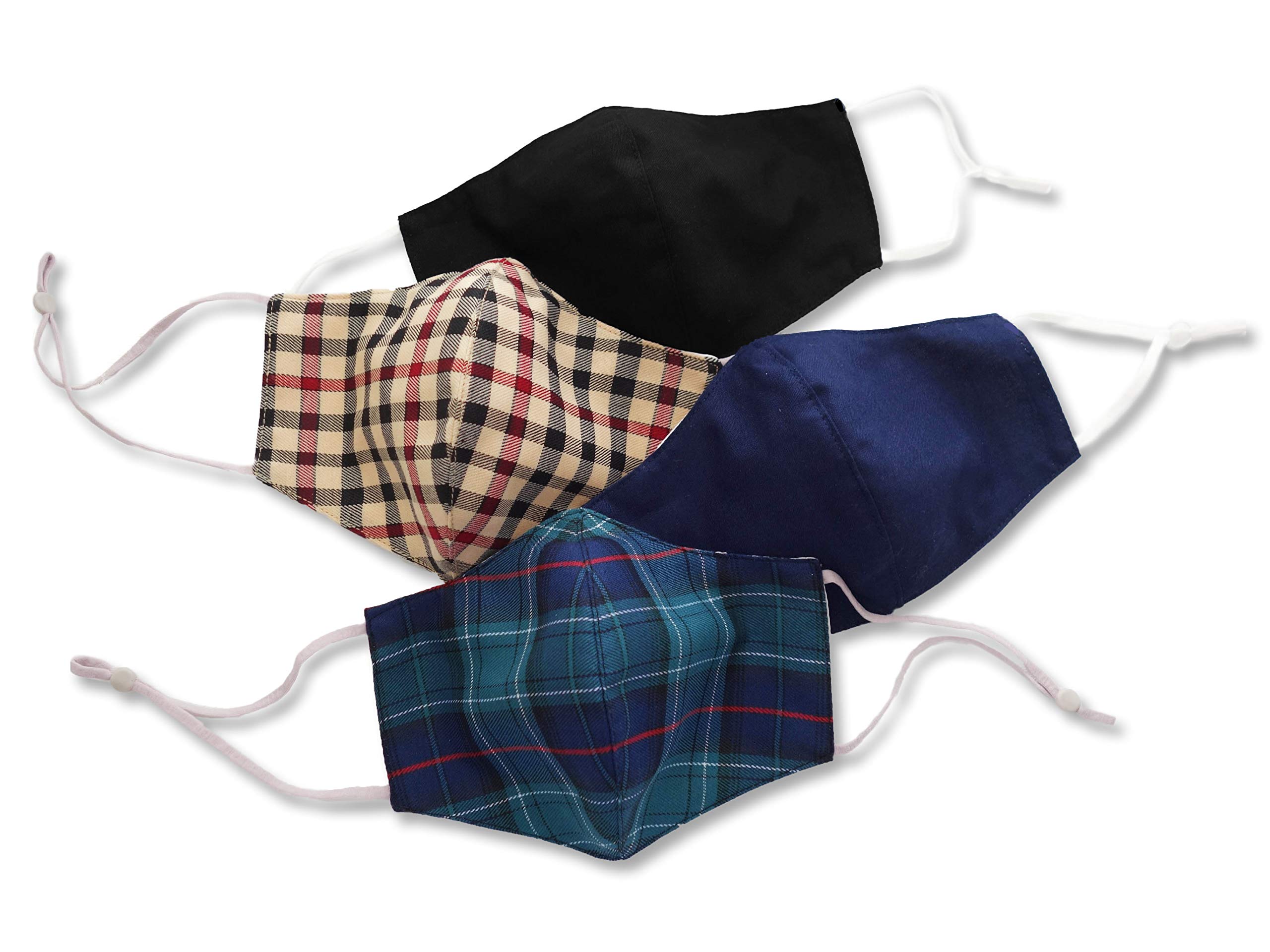 HOPE LOVE SHINE Cotton Face Masks with Adjustable Ear Loops and Filter Pocket for Adult Men and Women - Reusable, Breathable, and Washable - Green Plaid, Beige Plaid, Black, and Navy - 4 Pack