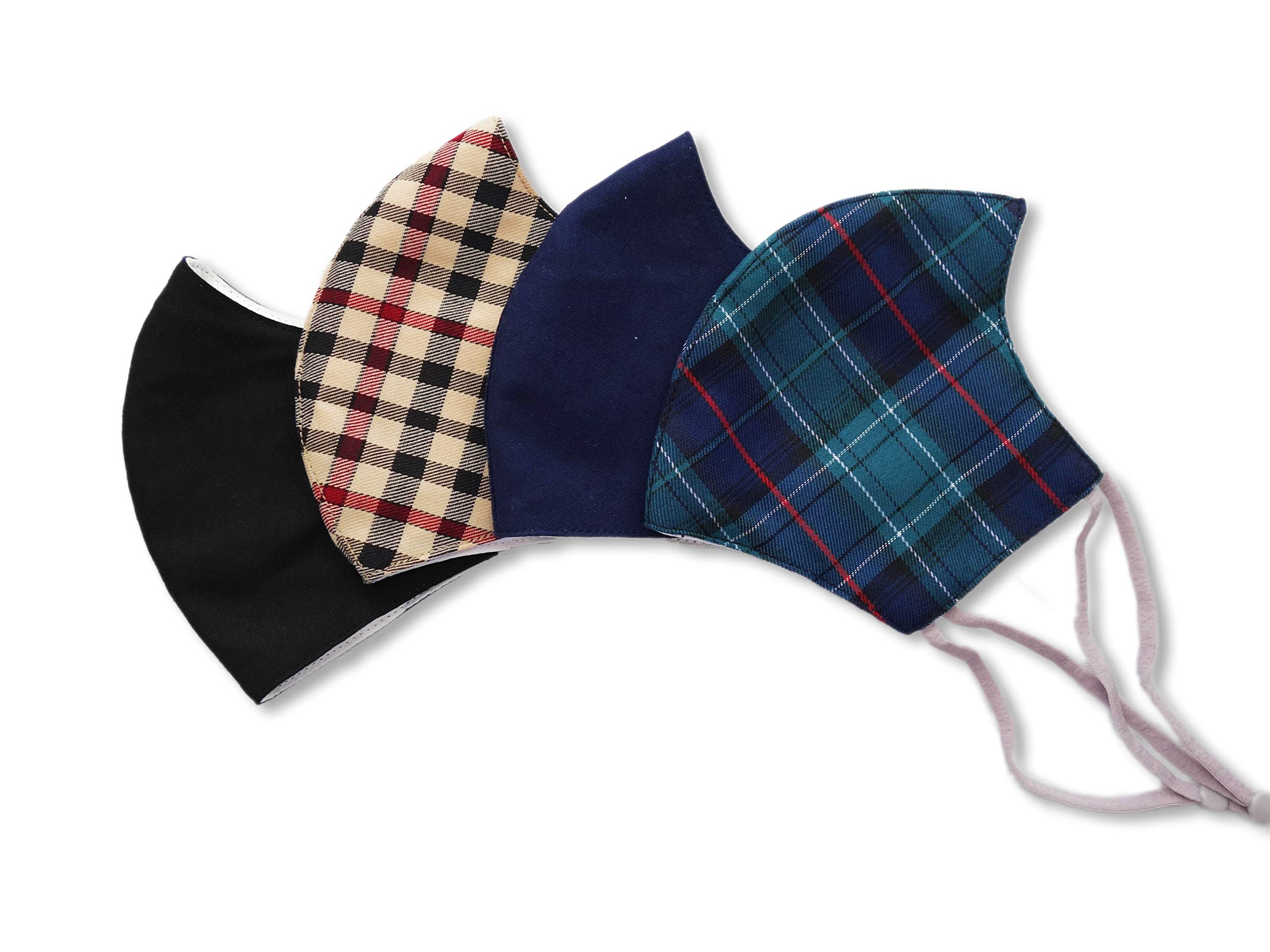 HOPE LOVE SHINE Cotton Face Masks with Adjustable Ear Loops and Filter Pocket for Adult Men and Women - Reusable, Breathable, and Washable - Green Plaid, Beige Plaid, Black, and Navy - 4 Pack