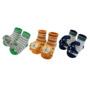 PUPPET Baby Boy Rattle Socks, Cotton Booties, Gift Set (Set of 3) for 0-6Months (Green)