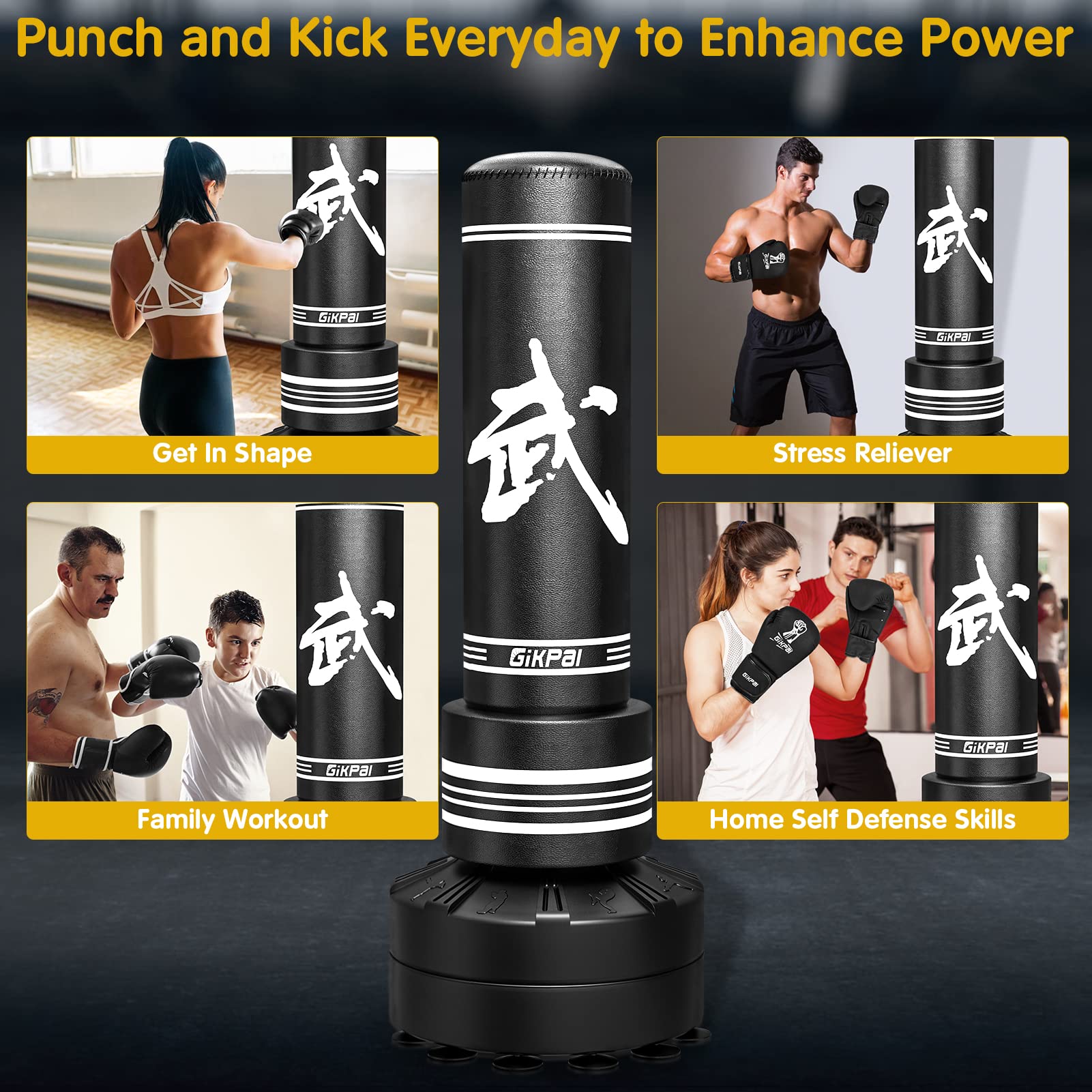 GIKPAL Freestanding Punching Bag 67'' -182lbs Heavy Boxing Bag Free Stand Kickboxing Bag with 2 Hand Warps for Adults Youth Men