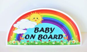 chubbycheeks baby on board magnet sign for car, water resistant, weather resistant with uv protected film (rainbow)