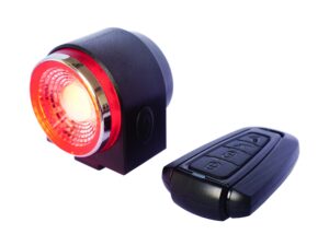 wireless bike alarm w/smart taillight: anti-theft alarm w/remote; auto on/off taillight w/new burst strobe mode for daytime; deceleration warning; wireless electric horn & bike finder.