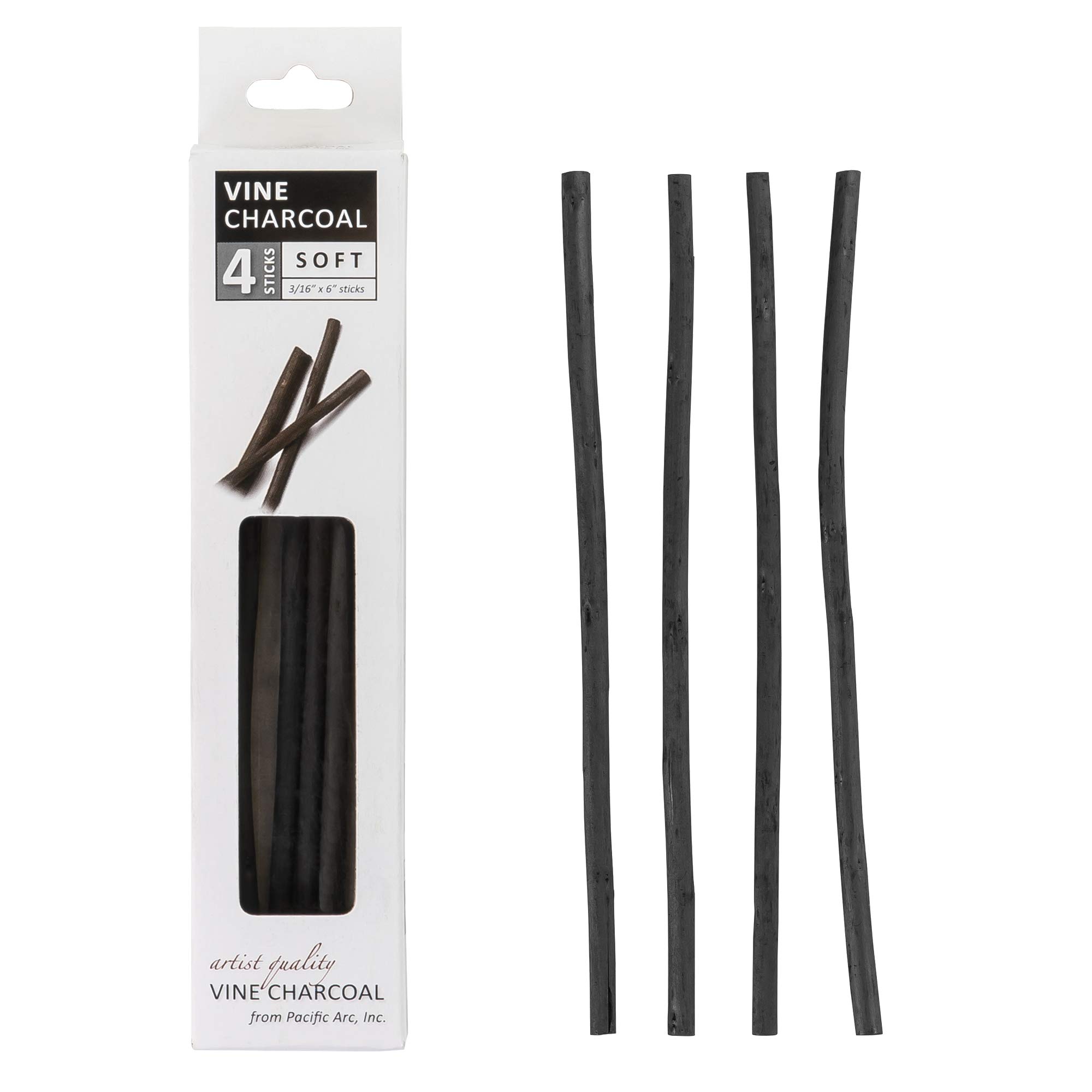 Pacific Arc Artist Vine Charcoal, Soft, Black 4 Charcoal Sticks for Drawing, Sketching, and Fine Art