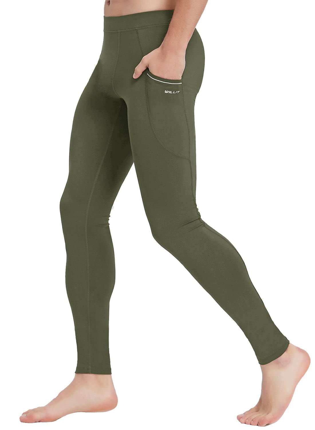 Willit Men's Active Yoga Leggings Pants Running Dance Tights with Pockets Cycling Workout Pants Quick Dry Army Green S