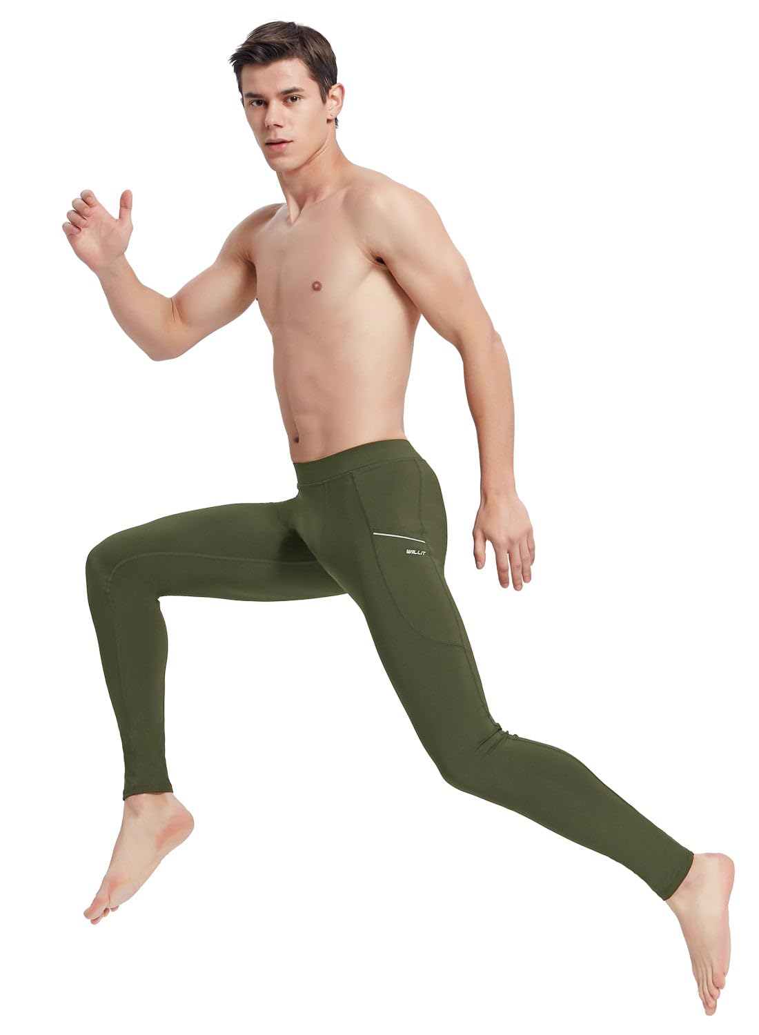 Willit Men's Active Yoga Leggings Pants Running Dance Tights with Pockets Cycling Workout Pants Quick Dry Army Green S