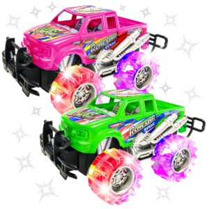 artcreativity pink and green light up monster truck set for boys and girls, set includes 2, 6 inch monster trucks with beautiful flashing led tires, push n go toy cars, best gift for kids, for ages 3+