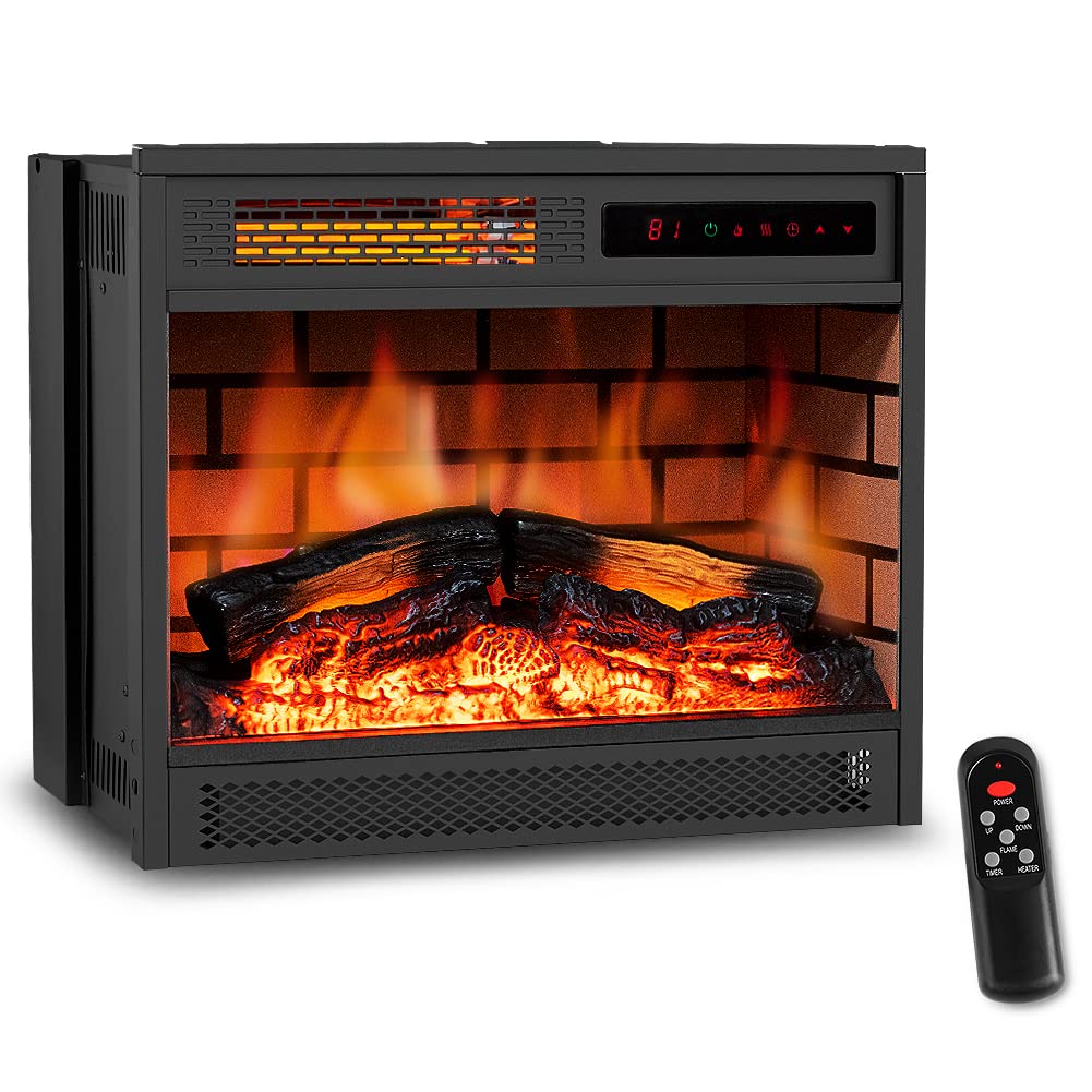 LIFEPLUS 22" Electric Fireplace Insert Infrared Quartz Recessed Heater with Remote Control 12h Timer with Log Flame Effect LED Display Adjustable Thermostat Overheat Protection for Office and Home