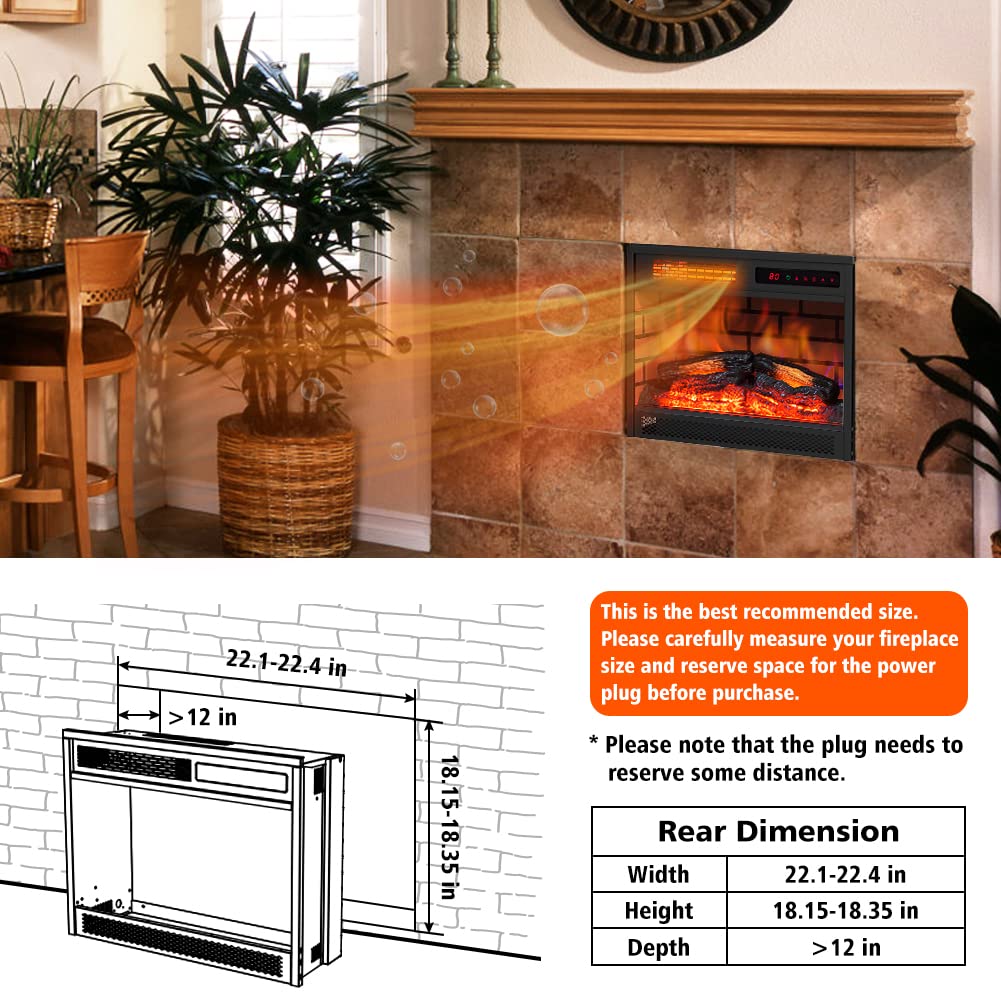 LIFEPLUS 22" Electric Fireplace Insert Infrared Quartz Recessed Heater with Remote Control 12h Timer with Log Flame Effect LED Display Adjustable Thermostat Overheat Protection for Office and Home