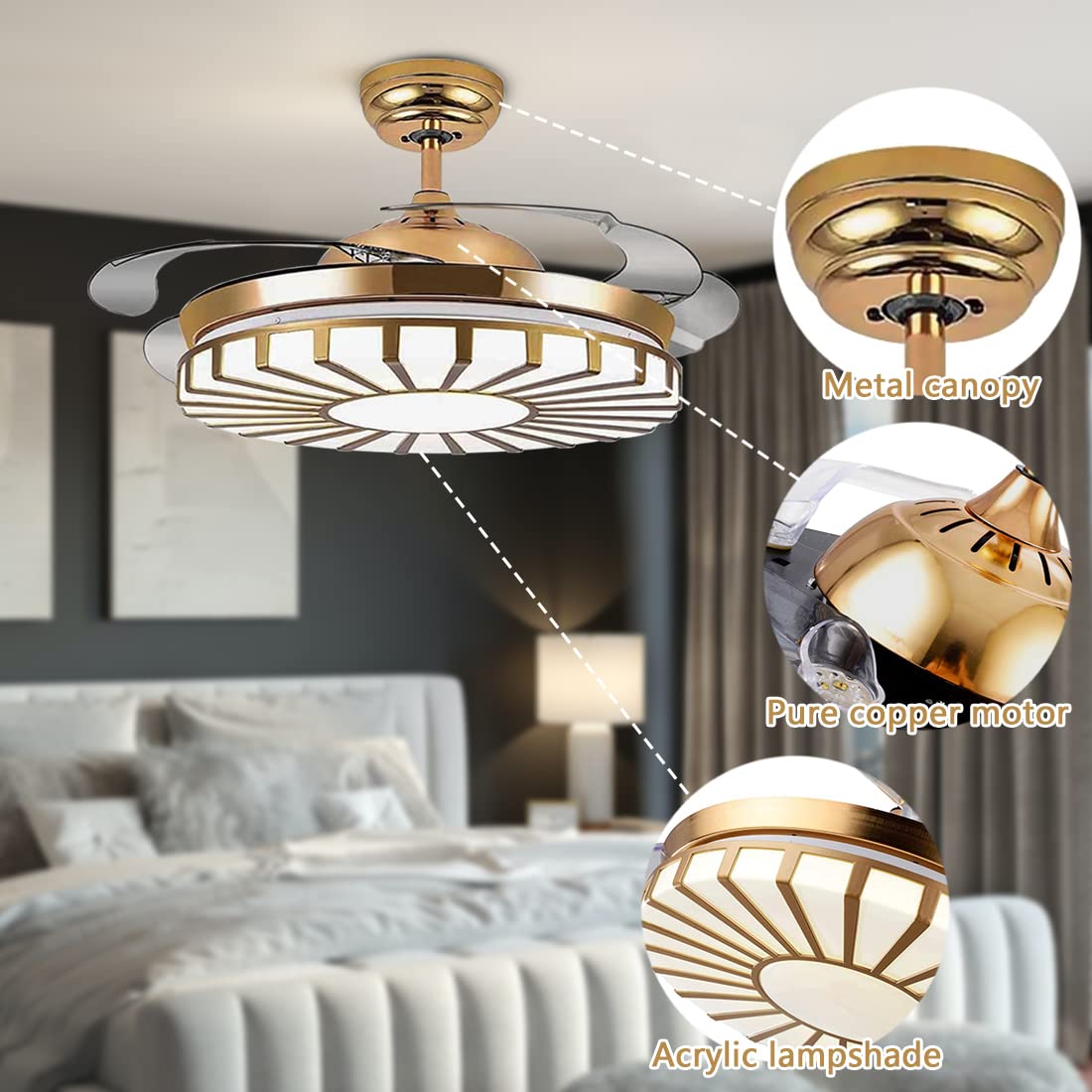 JSDTAN 42" Modern Ceiling Fan Light, Stripes LED 3 Colors Lighting with Remote Control Fixture Ceiling Fan Lights Retractable Invisible Blades Mute Motor for Bedroom Living Room Dining Room