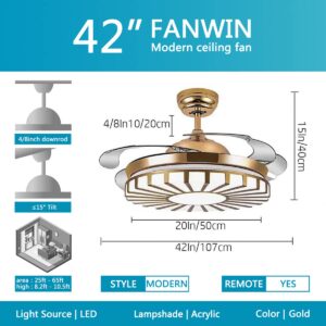 JSDTAN 42" Modern Ceiling Fan Light, Stripes LED 3 Colors Lighting with Remote Control Fixture Ceiling Fan Lights Retractable Invisible Blades Mute Motor for Bedroom Living Room Dining Room