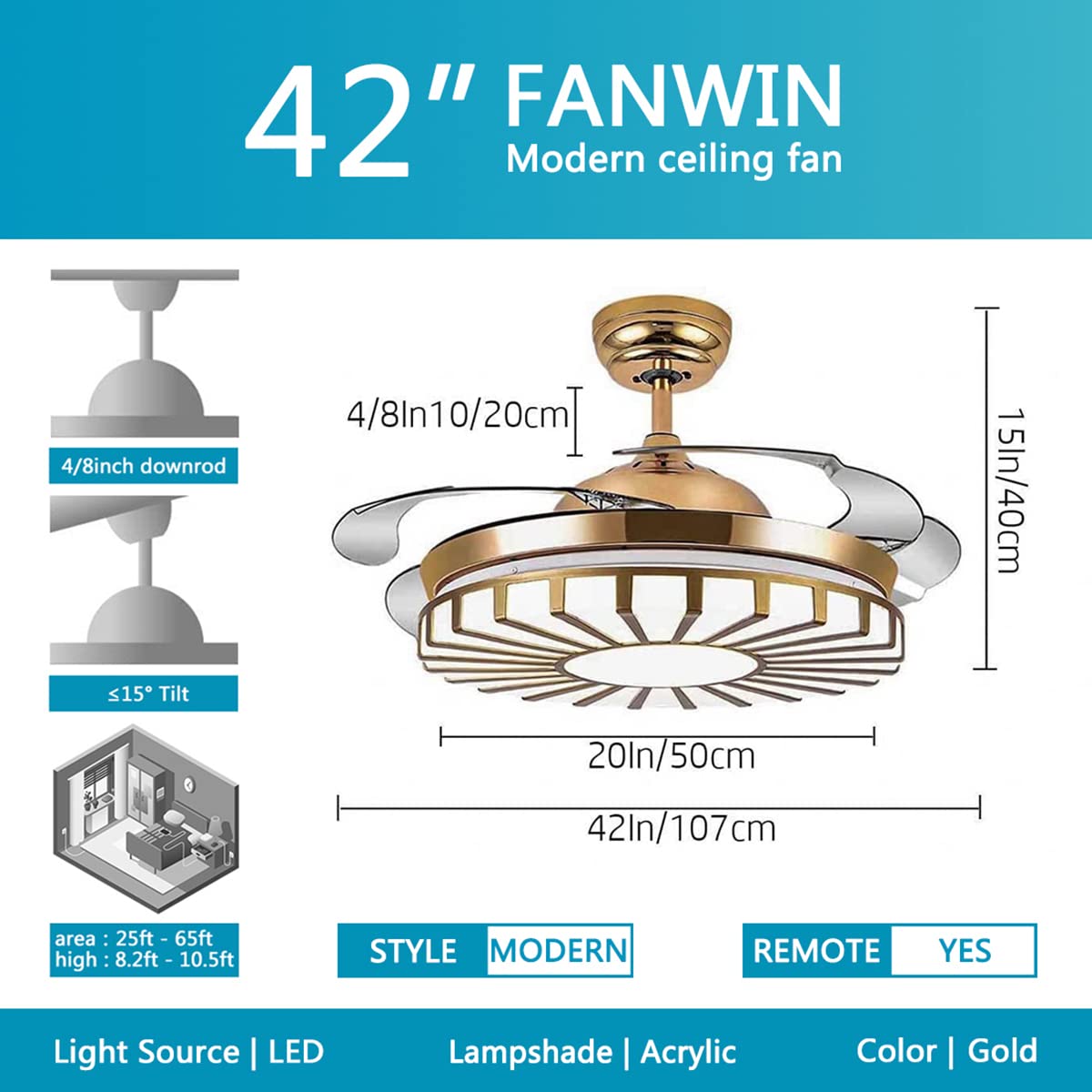 JSDTAN 42" Modern Ceiling Fan Light, Stripes LED 3 Colors Lighting with Remote Control Fixture Ceiling Fan Lights Retractable Invisible Blades Mute Motor for Bedroom Living Room Dining Room