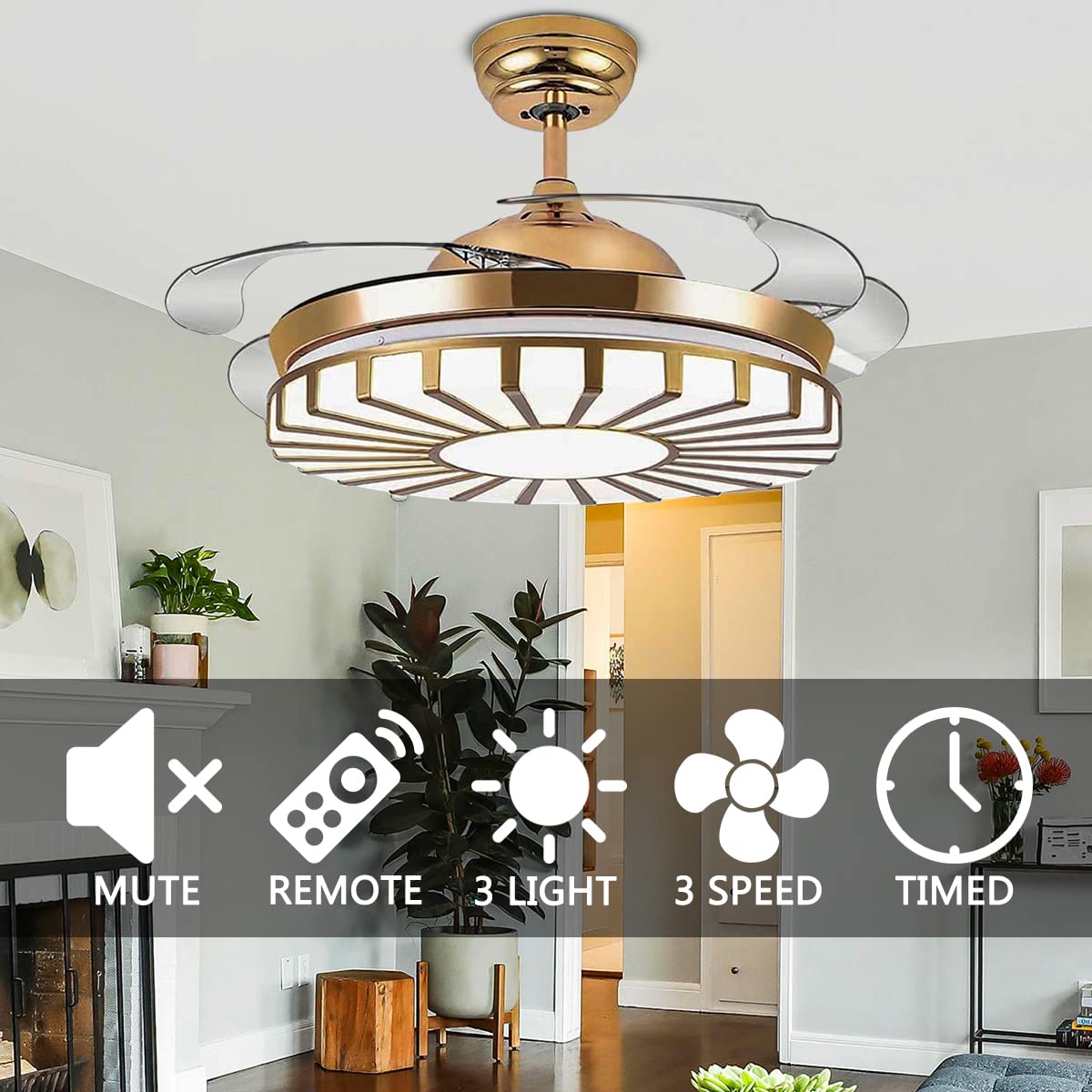 JSDTAN 42" Modern Ceiling Fan Light, Stripes LED 3 Colors Lighting with Remote Control Fixture Ceiling Fan Lights Retractable Invisible Blades Mute Motor for Bedroom Living Room Dining Room