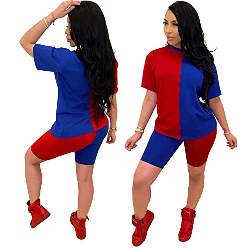 air-SMART Women's Sport 2 Piece T-Shirts Short Set Summer Tracksuit Short Sleeve Sweatshirt Short Pants Set (Blue red, S)