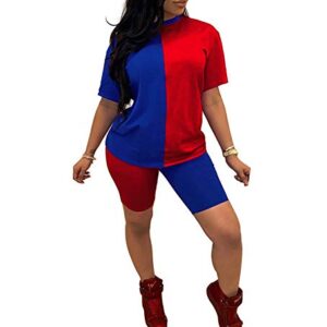 air-SMART Women's Sport 2 Piece T-Shirts Short Set Summer Tracksuit Short Sleeve Sweatshirt Short Pants Set (Blue red, S)