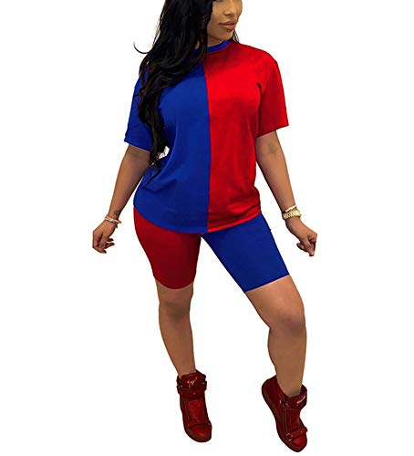 air-SMART Women's Sport 2 Piece T-Shirts Short Set Summer Tracksuit Short Sleeve Sweatshirt Short Pants Set (Blue red, S)