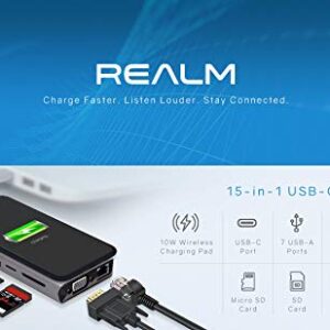 Realm USB C Hub, 15-in-1 Hub with Wireless Charging, 60W Power Delivery, 4K HDMI, 7 USB A Ports, VGA, Ethernet, Dual Video Output, 3.5mm Aux, SD & Micro SD Port, for MacBook Pro & Other USB C Laptops