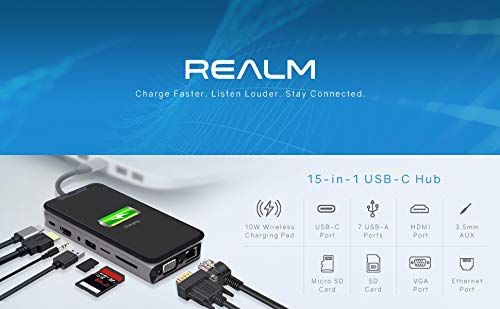 Realm USB C Hub, 15-in-1 Hub with Wireless Charging, 60W Power Delivery, 4K HDMI, 7 USB A Ports, VGA, Ethernet, Dual Video Output, 3.5mm Aux, SD & Micro SD Port, for MacBook Pro & Other USB C Laptops