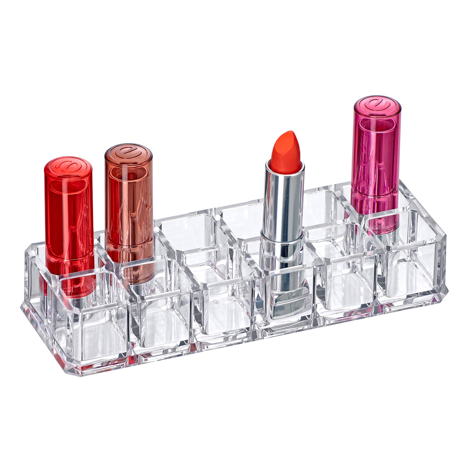 Amazing Abby - Charm - 12-Slot Acrylic Lipstick Organizer, Lipstick Holder, Lip Gloss Organizer, Cosmetic Storage Display, Perfect Storage Solution for Drawer, Vanity, Bathroom, and More