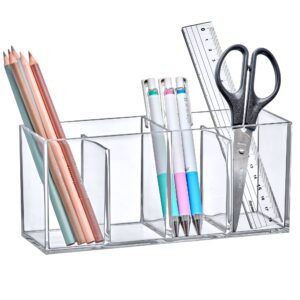 Amazing Abby - Glamour - Acrylic 4-Compartment Makeup Organizer, Transparent Plastic Makeup Brush Holder, Perfect Bathroom Vanity Storage Solution for Makeup Brushes, Eyebrow Pencils, and More