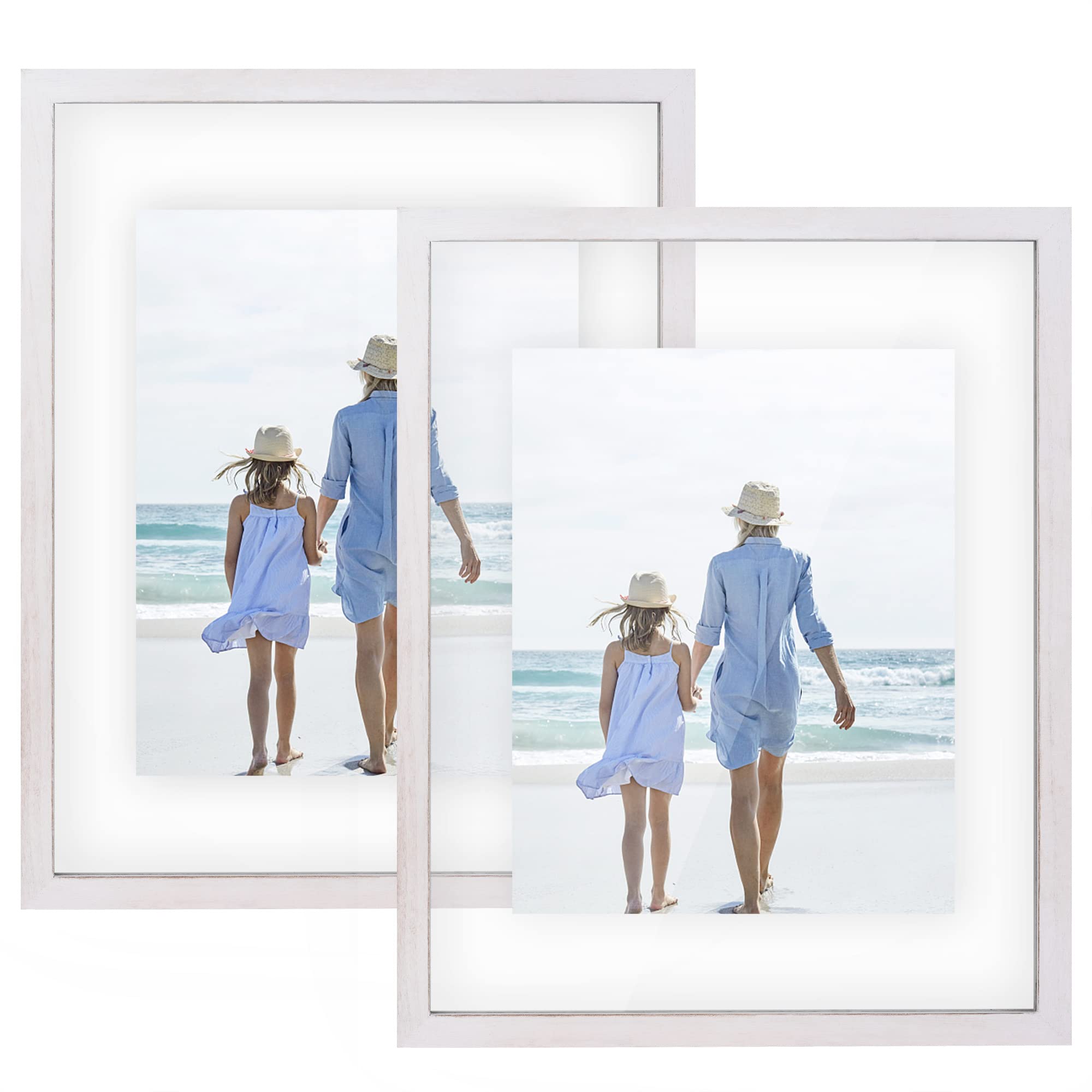 DLQuarts 11x14 Floating Photo Picture Frame, Floating Display for Photos 8x10, 7x9, 5x7,or Full Display for 11x14 Photos, Solid Wood, Double Glass, 2 Pack, White