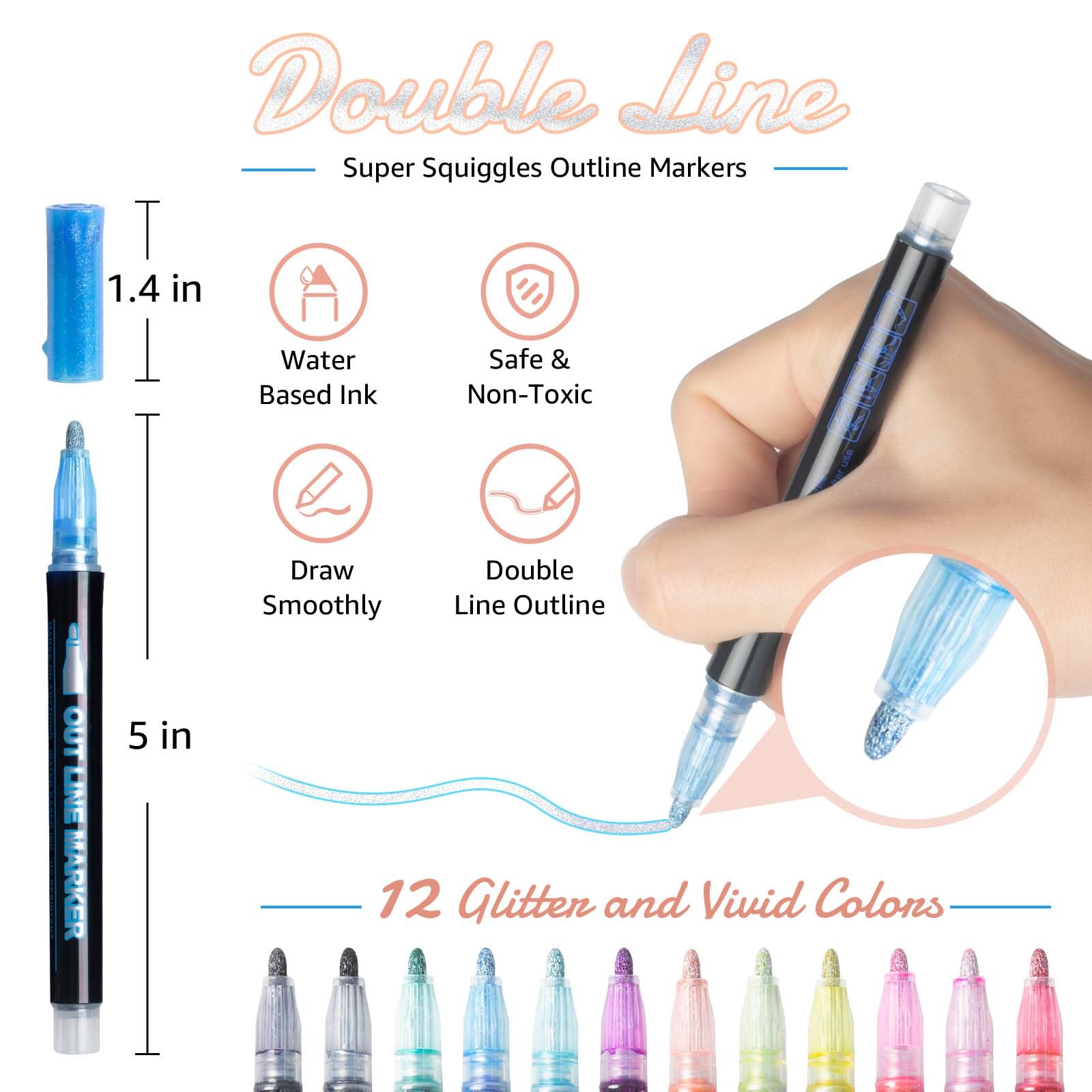 SAKEYR Super Squiggles Outline Markers Shimmer Markers Set, Double Line Pens for Card Making Paint Markers for Craft Supplies Glitter Pens for Photo Album Scrapbook Teen Girls Gifts 4-12 Years