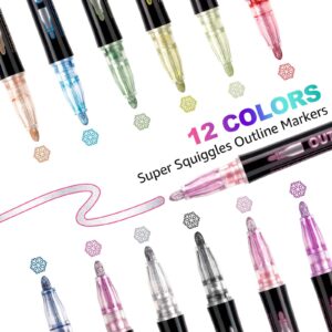 SAKEYR Super Squiggles Outline Markers Shimmer Markers Set, Double Line Pens for Card Making Paint Markers for Craft Supplies Glitter Pens for Photo Album Scrapbook Teen Girls Gifts 4-12 Years