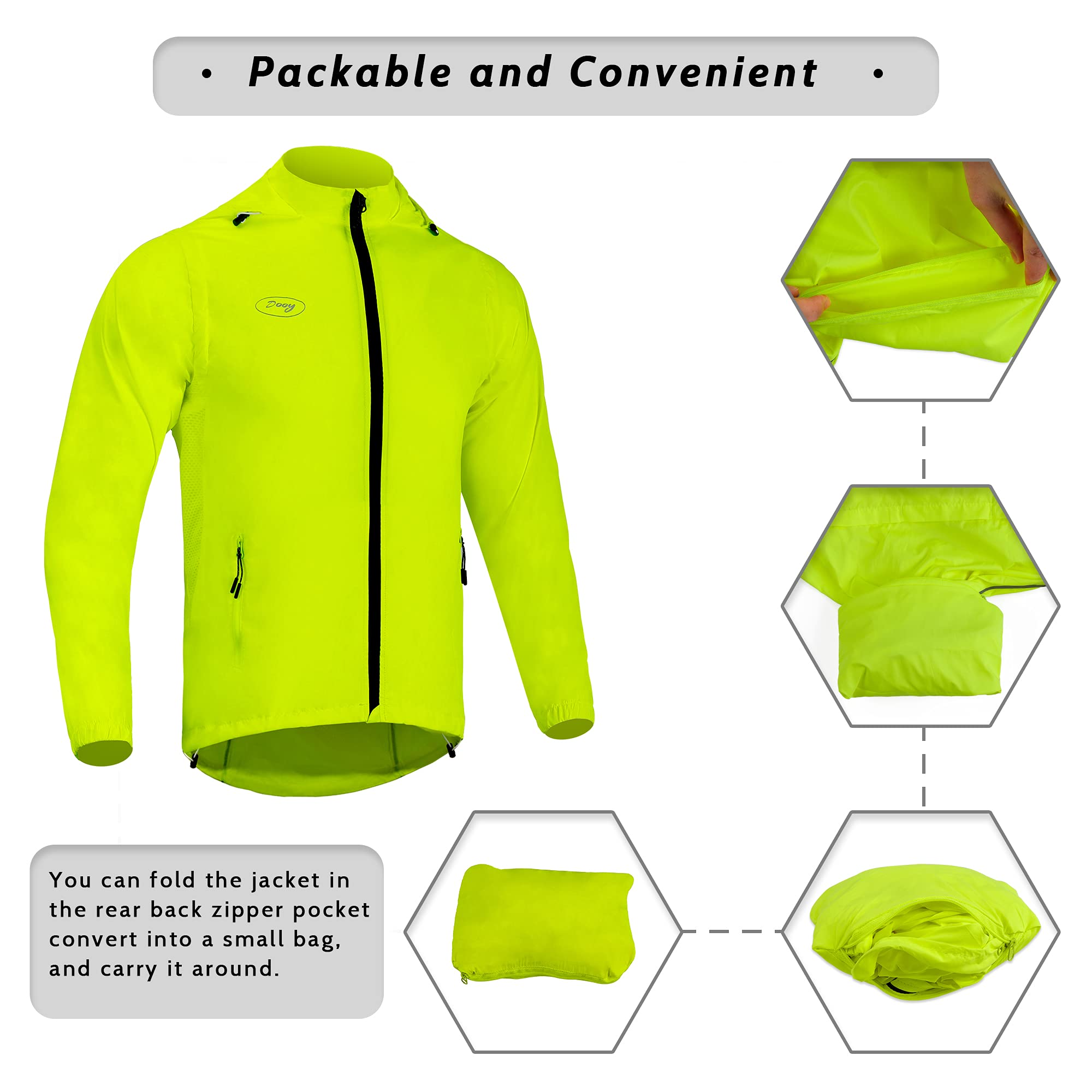 Dooy Men's Cycling Bike Jacket Windproof Vest Lightweight Running Jacket High Visibility Windbreaker with Detachable Sleeves(Yellow,X-Large)