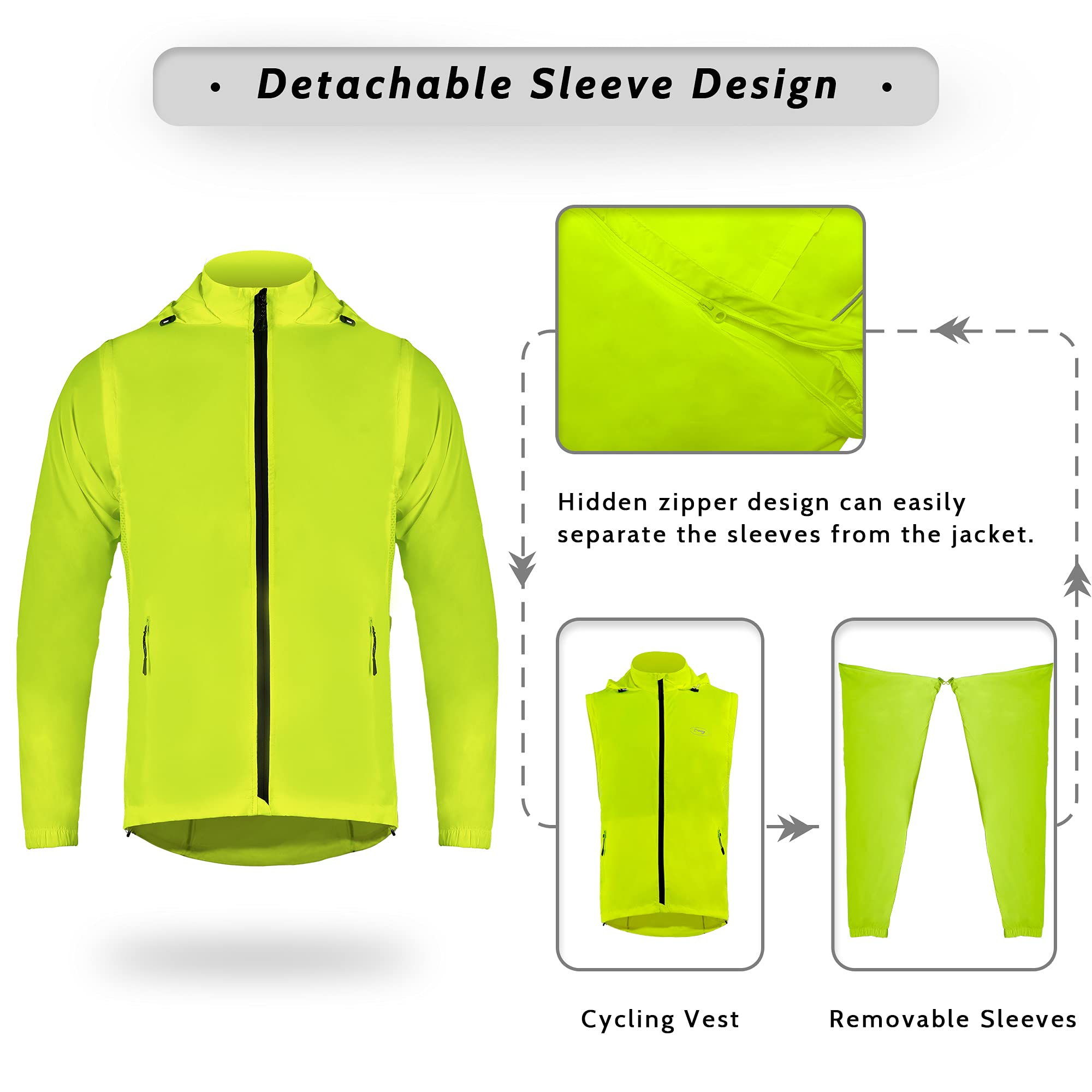 Dooy Men's Cycling Bike Jacket Windproof Vest Lightweight Running Jacket High Visibility Windbreaker with Detachable Sleeves(Yellow,X-Large)