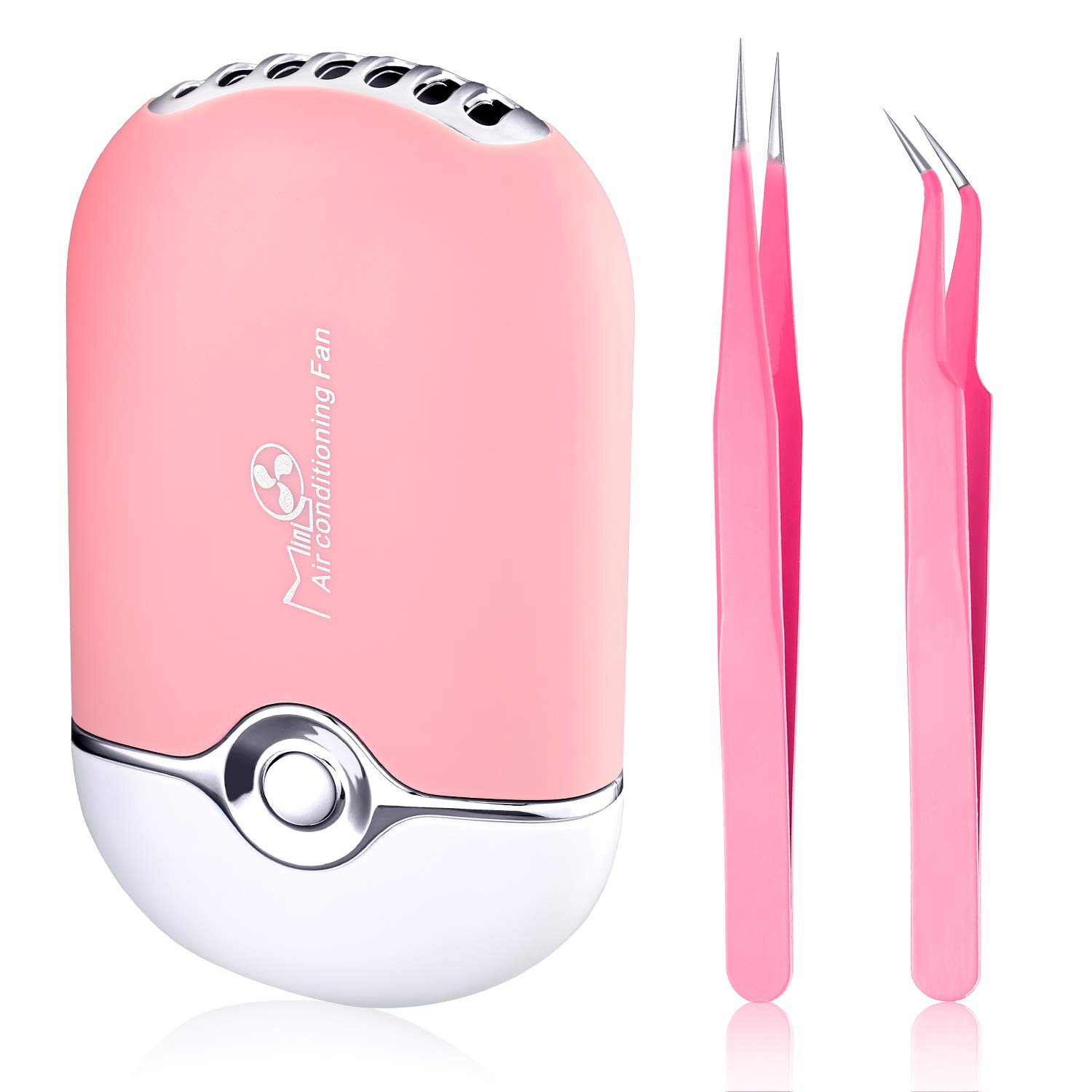 USB Air Conditioning Blower Handheld Eyelash Fan Dryer Rechargeable Eyelashes Dryer Fan Mini Portable Fans with 2 Pieces Straight and Curved Tweezers for Eyelash Extensions Girls Women (Pink)