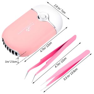 USB Air Conditioning Blower Handheld Eyelash Fan Dryer Rechargeable Eyelashes Dryer Fan Mini Portable Fans with 2 Pieces Straight and Curved Tweezers for Eyelash Extensions Girls Women (Pink)