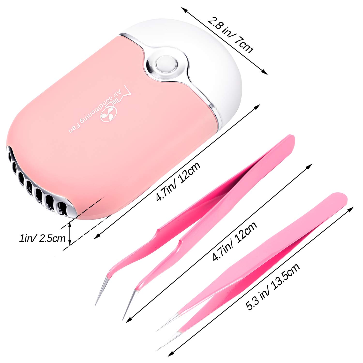 USB Air Conditioning Blower Handheld Eyelash Fan Dryer Rechargeable Eyelashes Dryer Fan Mini Portable Fans with 2 Pieces Straight and Curved Tweezers for Eyelash Extensions Girls Women (Pink)