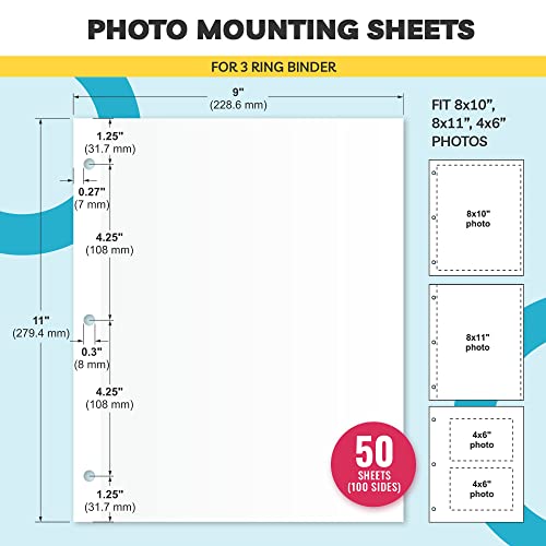 Photo Album Pages for 3 Ring Binder (50 Count) - Photo Album Self Adhesive Pages - 3 Ring Photo Album Refill Pages - Photo Pages for 3 Ring Binder - Photo Album Pages - Fits 8x10-8.5 x 11 Photos