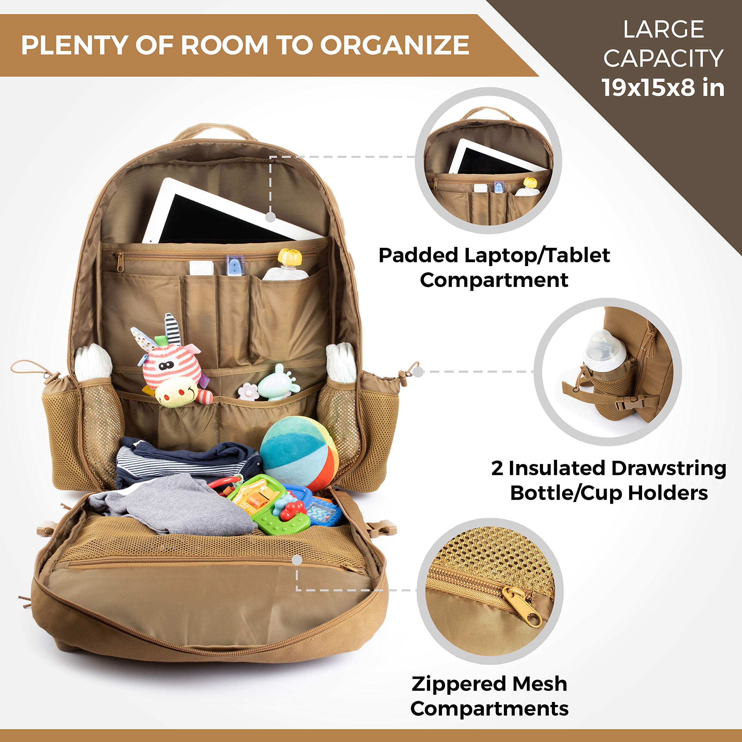 T.O.M HORIZONS Sling Diaper Bag for Dad; Single-handed Diaper Changing System. Waterproof Changing Pad, Insulated Bottle Pouches (Khaki)