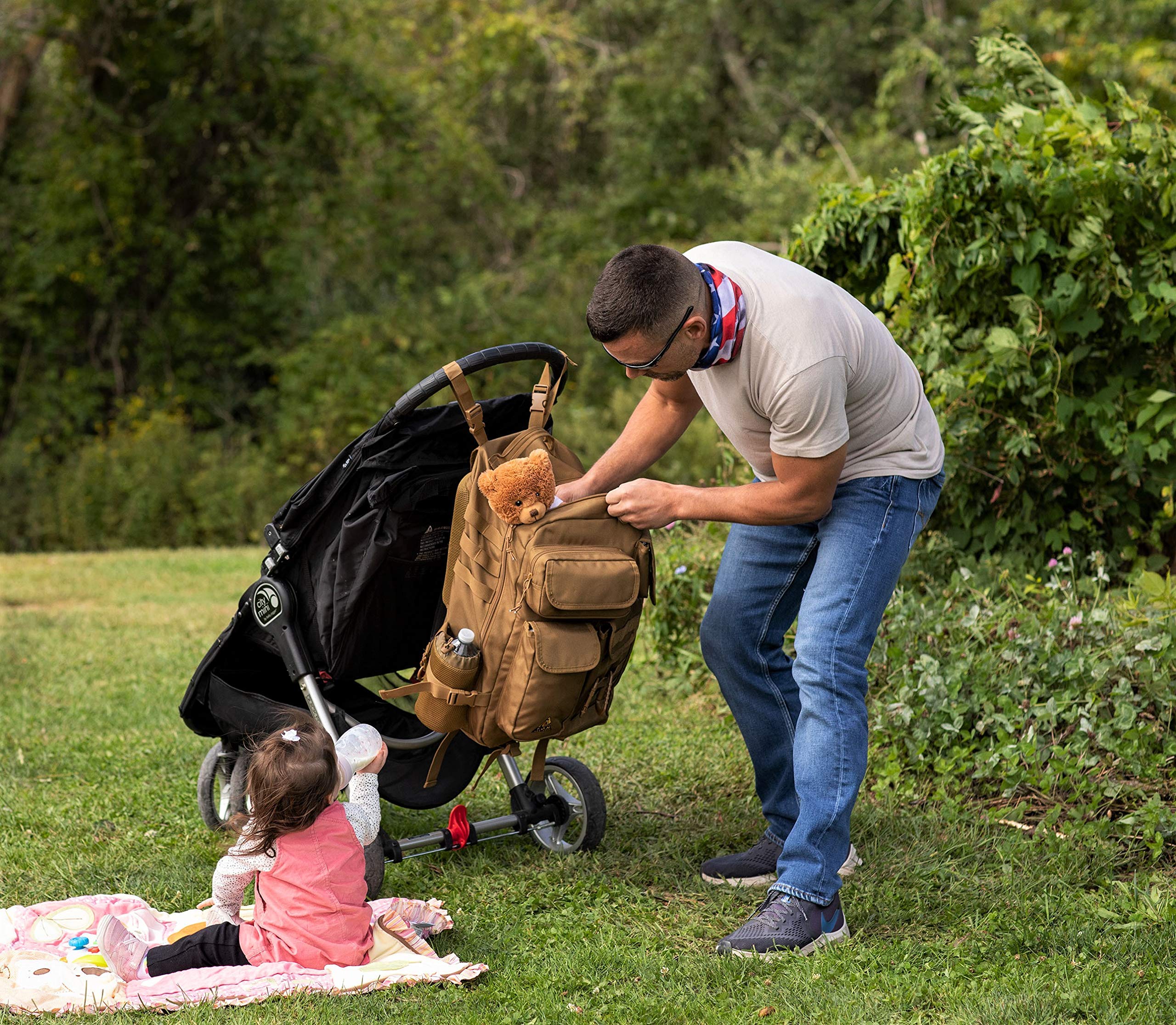 T.O.M HORIZONS Sling Diaper Bag for Dad; Single-handed Diaper Changing System. Waterproof Changing Pad, Insulated Bottle Pouches (Khaki)