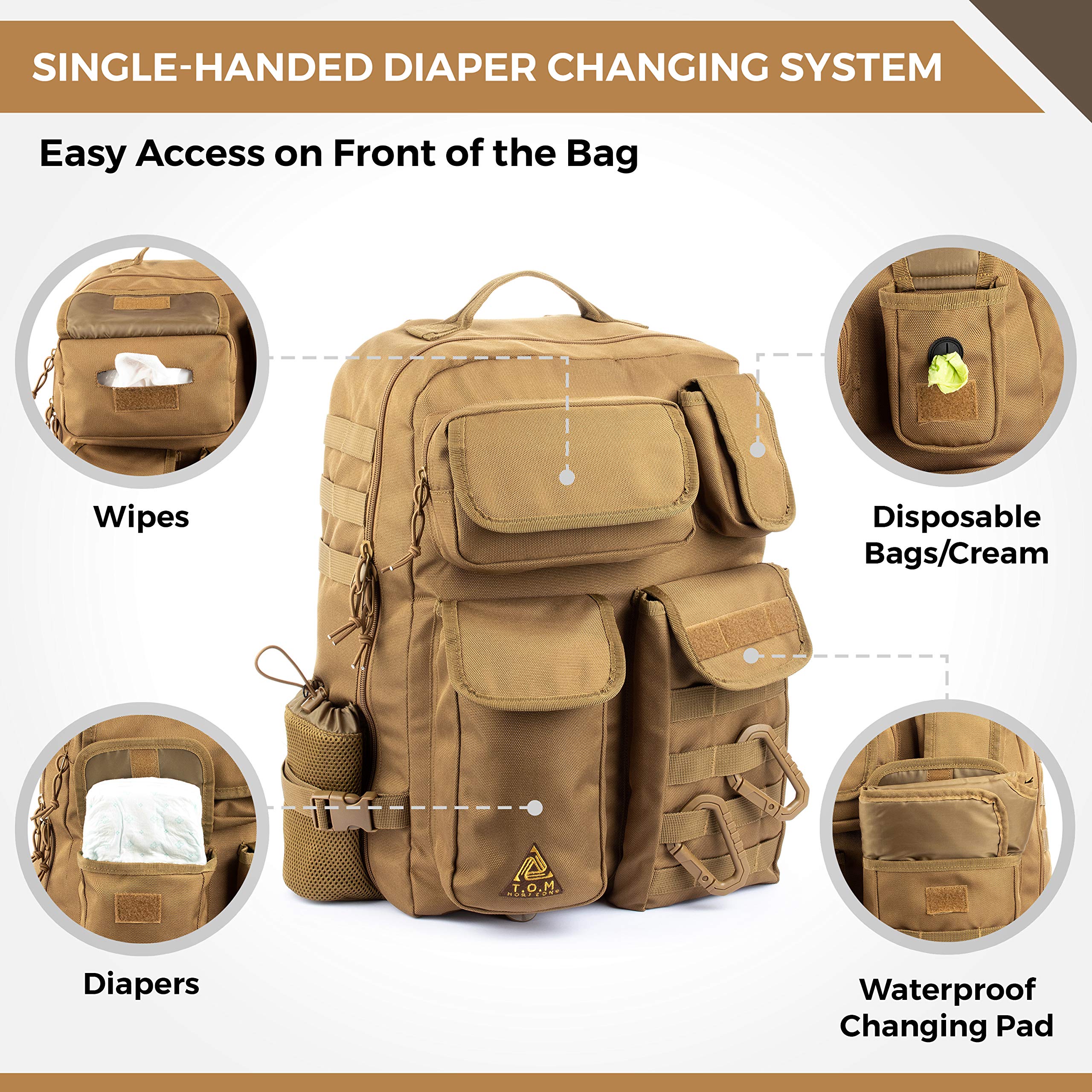 T.O.M HORIZONS Sling Diaper Bag for Dad; Single-handed Diaper Changing System. Waterproof Changing Pad, Insulated Bottle Pouches (Khaki)