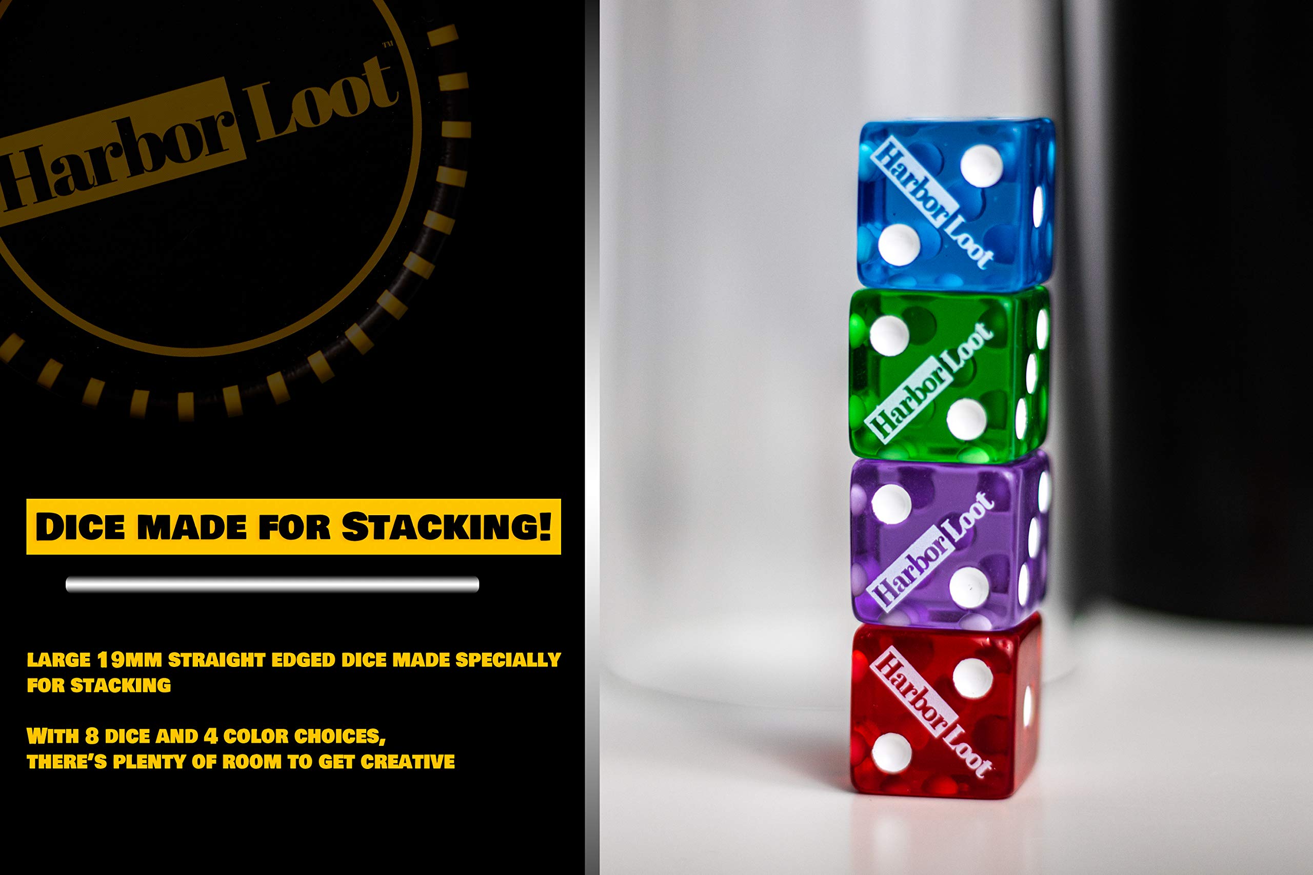 Harbor Loot Dice Stacking Set Includes 8 Large 19mm Dice, 1 Short Beginner's Stacking Cup, 1 Tall Advanced Stacking Cup, Plus Storage Tube