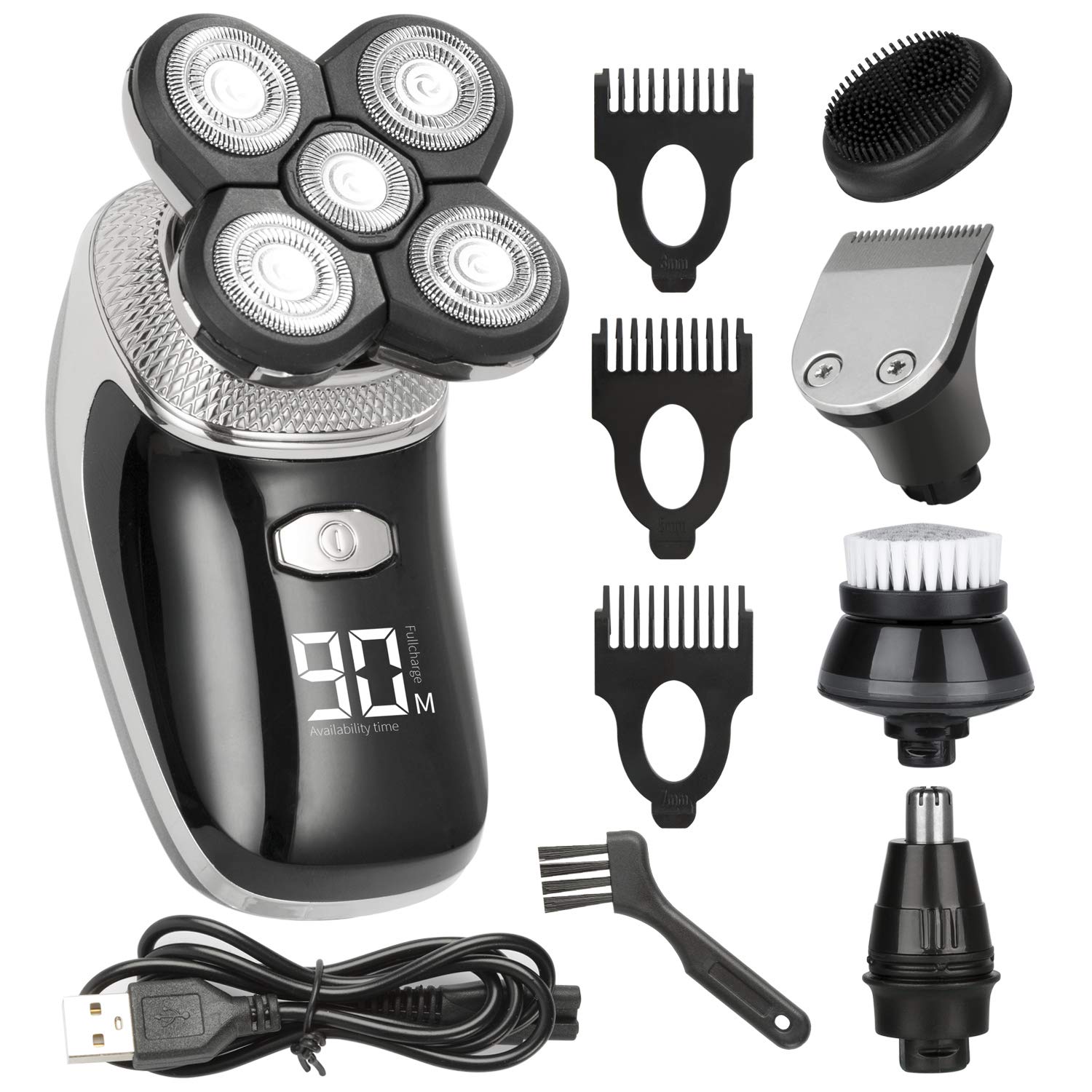 Electric Shavers for Men Bald Head Shaver LED Mens 5 in 1 Electric Shaving Razors IPX7-Waterproof Wet and Dry Rotary Shaver with Clippers Nose Hair Trimmer Facial Cleansing Brush (Pink) (Black)