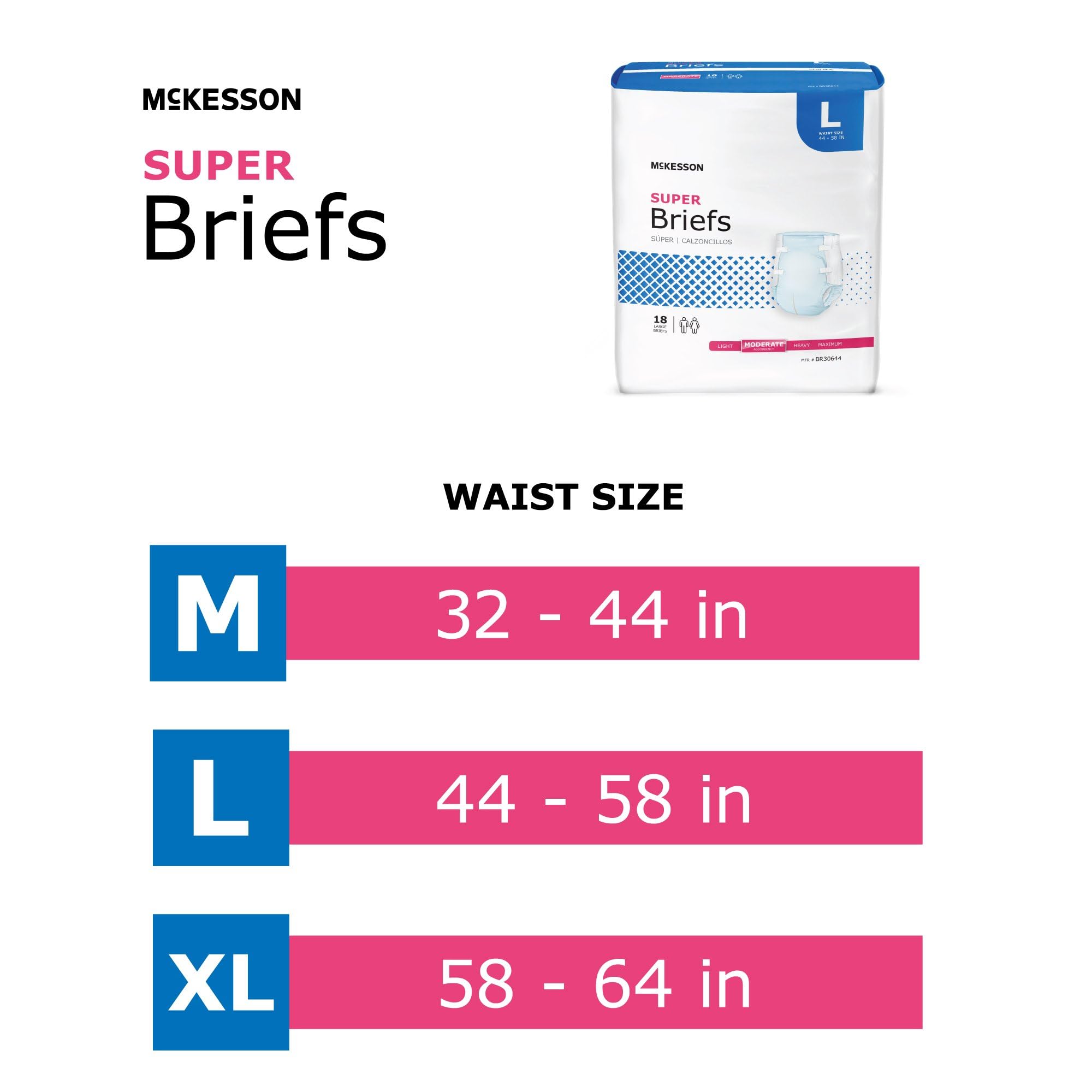 McKesson Super Briefs, Incontinence, Moderate Absorbency, Large, 18 Count, 4 Packs, 72 Total